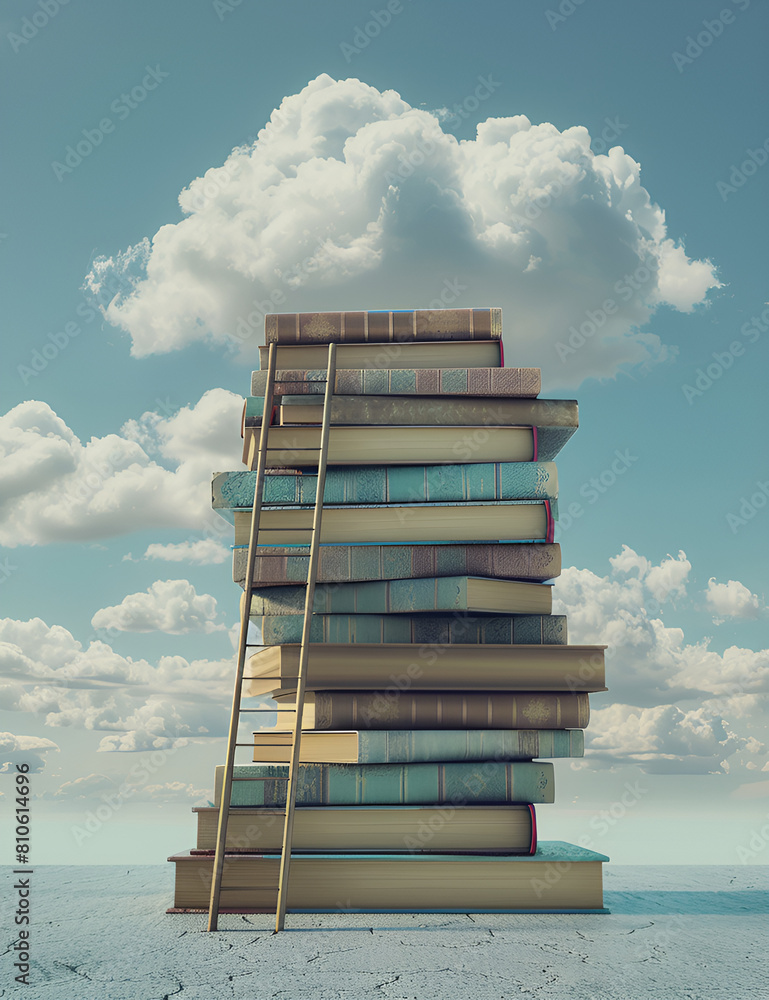 Abstract book stack with ladder on sky with clouds background. Ladder ...