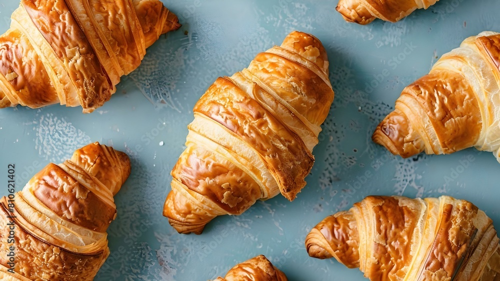 Croissants arranged on a blue counter, one in the center surrounded by ...