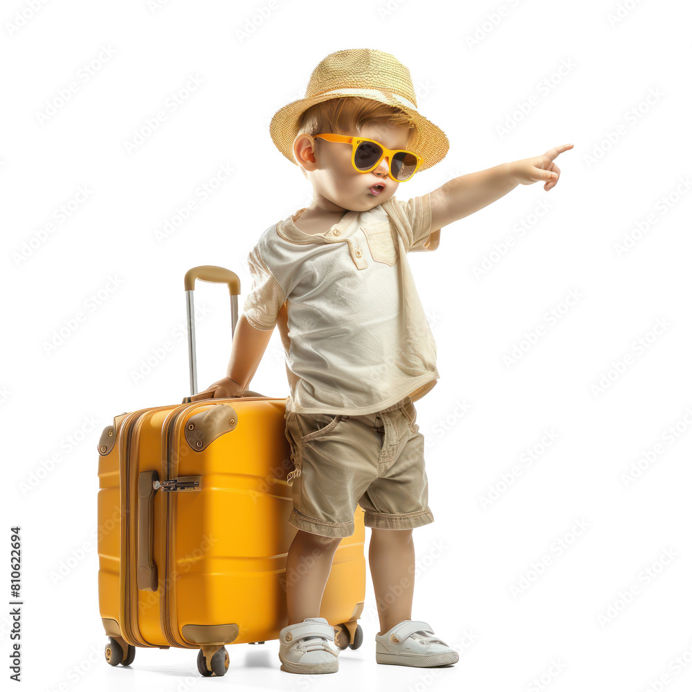 Little boy wearing sunglass with travel suitcase pointing to the side ...