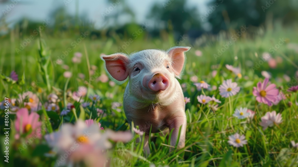 On the green lawn, a piglet of the mini pig breed, pink, beautiful ...