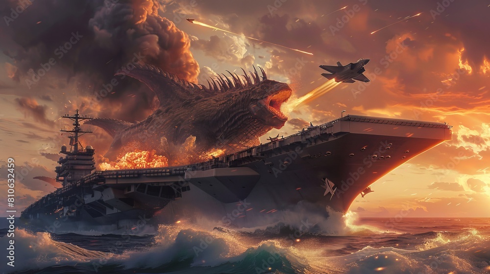 A colossal deep-sea monster attacking an aircraft carrier from beneath ...