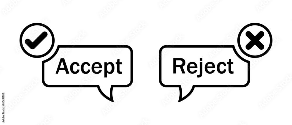 Accept and reject button icon with tick and cross symbol in call out style in black. Right and ...