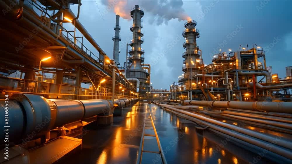 Gloomy oil refinery pipe panorama depicting environmental pollution and ...