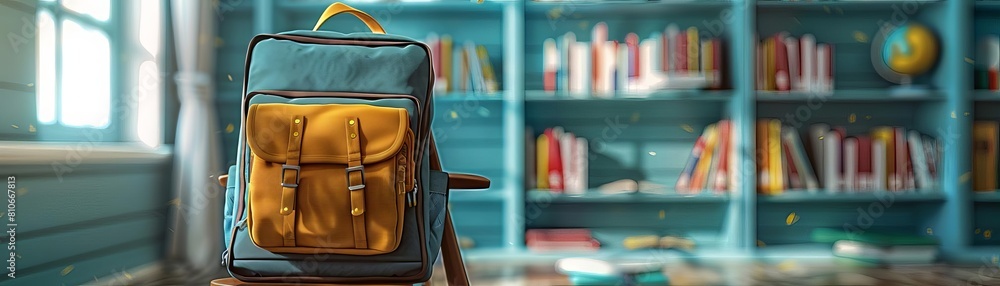 Back to school concept showing a backpack on a classroom chair ...