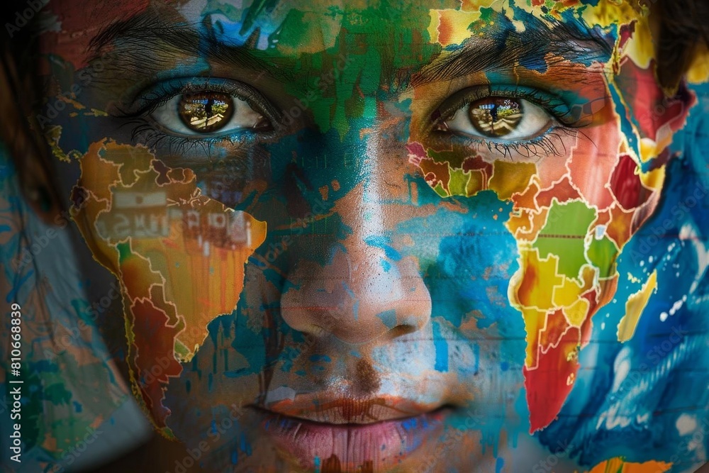 Colorful portrait with a global map, representing cultural diversity ...