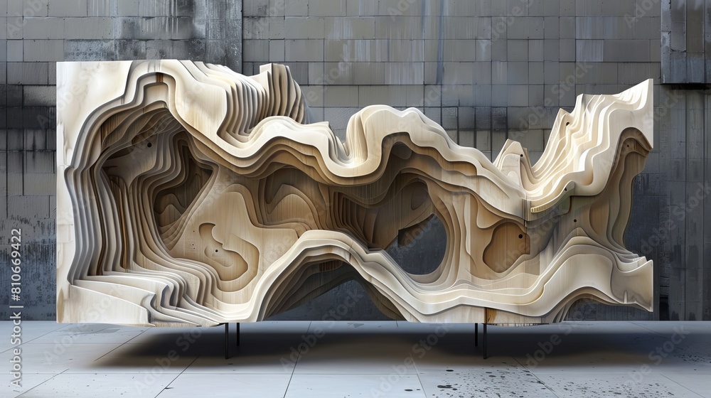 Outdoor photograph of an indoor sculpture depicting a 3D topographic ...