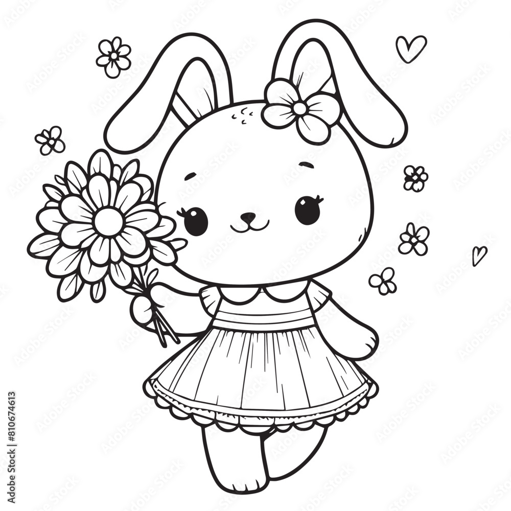 Cute bunny rabbit with flower on her head holding flowers wearing dress ...