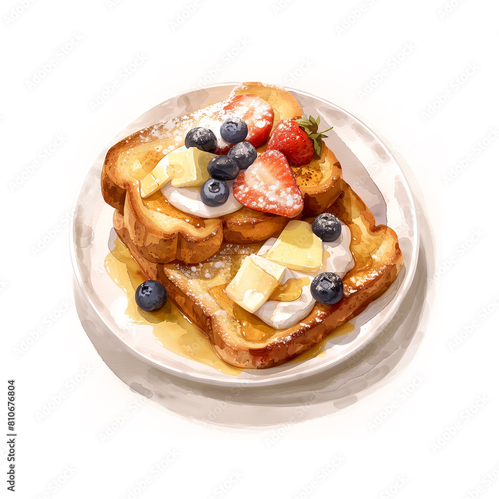 Watercolor illustration of French toast with maple syrup on a white ...