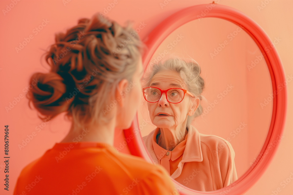 Elderly woman with glasses looks in the mirror while a younger woman ...