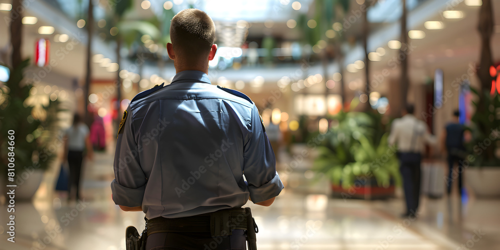 Foto de Security guard standing watch protecting a bustling mall ...