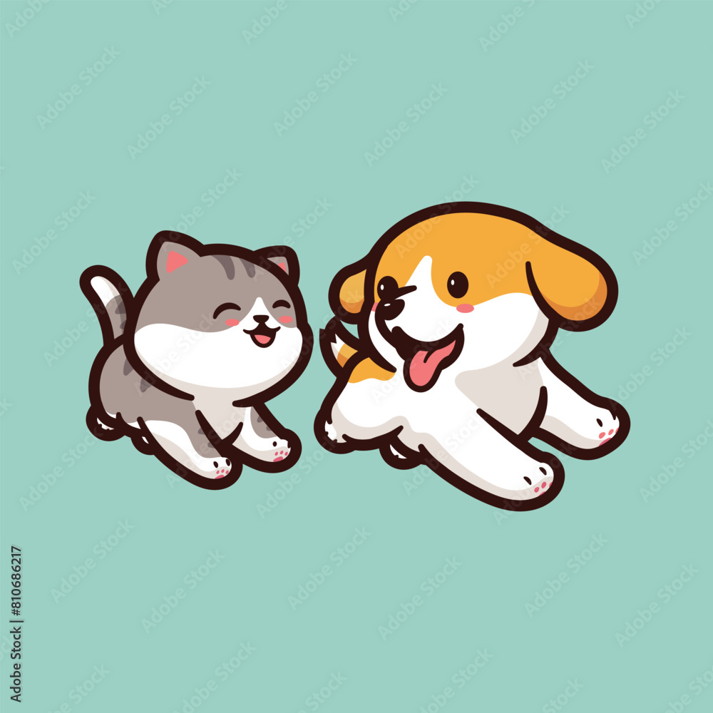 Vector Cartoon Illustration of Cute Dog and Cat Stock Vector | Adobe Stock