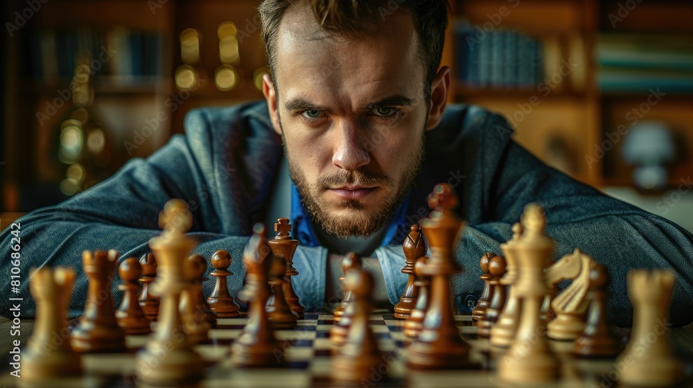 The picture of the chess player focus on the chess board game and ...