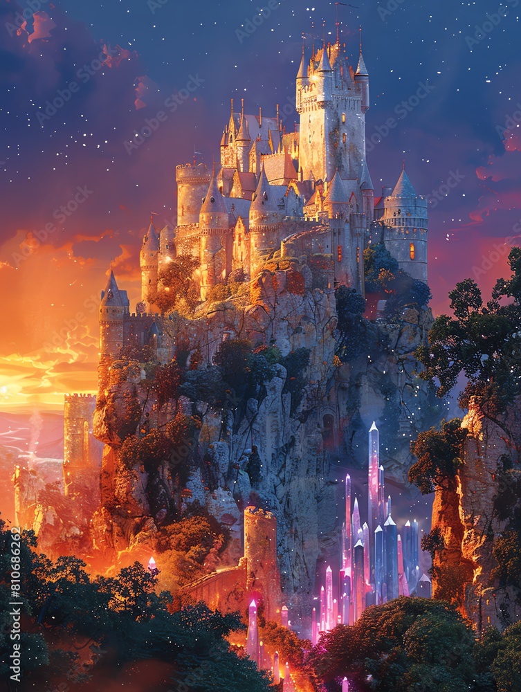 Capture the majestic grandeur of a mythical castle rising above ...