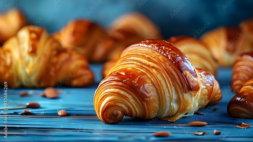 Croissants placed on a blue counter, with one in the center and others ...