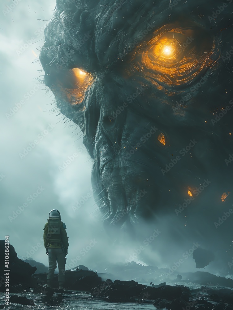 Capture the tension of a space explorer facing an otherworldly threat ...