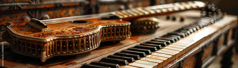 Indian Classical Set Depict a sitar, tabla, and harmonium, reflecting ...
