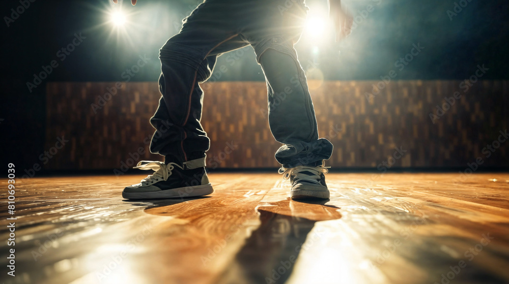 Hip Hop dancer's legs closeup. Dancer dancing on a stage. The young man ...