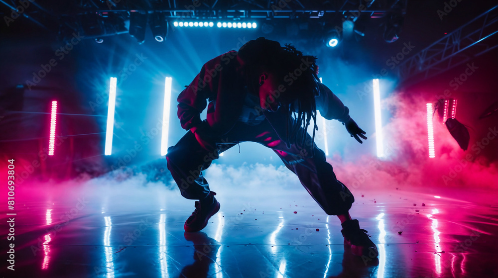 Hip Hop dancer dancing on a stage in neon colors. The young man is ...