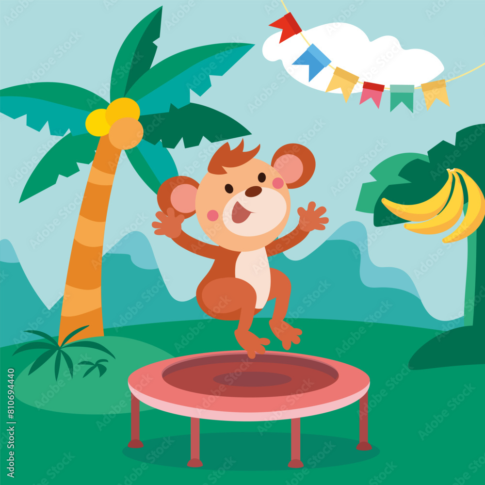 Cute monkey jumping on trampoline in jungle. Cartoon character. Vector ...