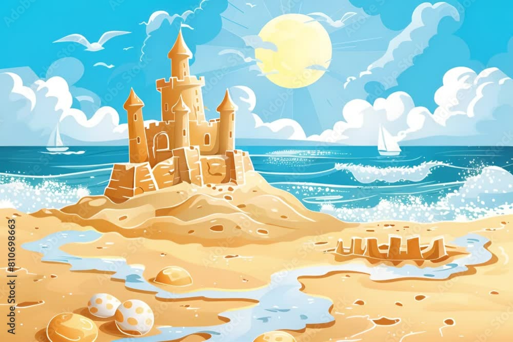Cartoon sand castle, bucket and shovel at sea beach. Sand tower with ...