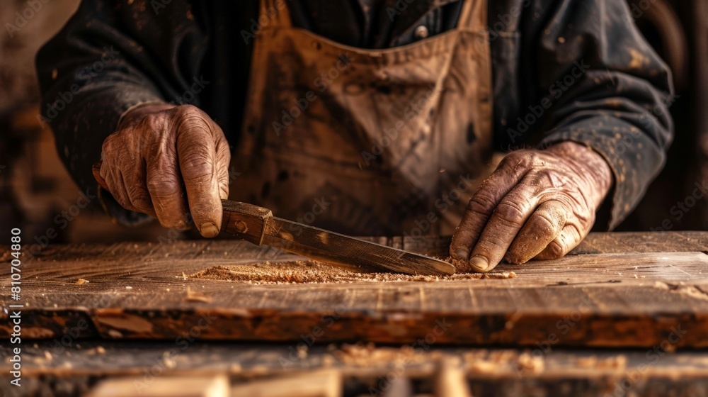 Close-up of a woodworkers calloused hands guiding a chisel across a ...