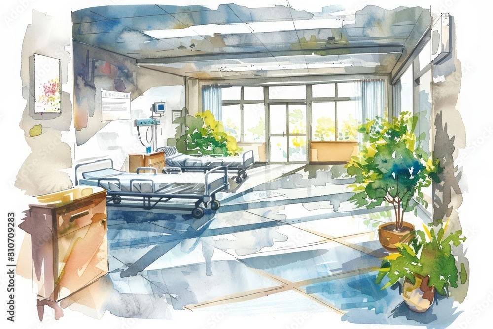 A watercolor of medical, showcasing a serene hospital setting in ...