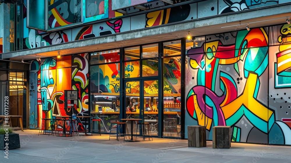 Graffiti Art of a vibrant, streetart inspired skate shop facade, with ...