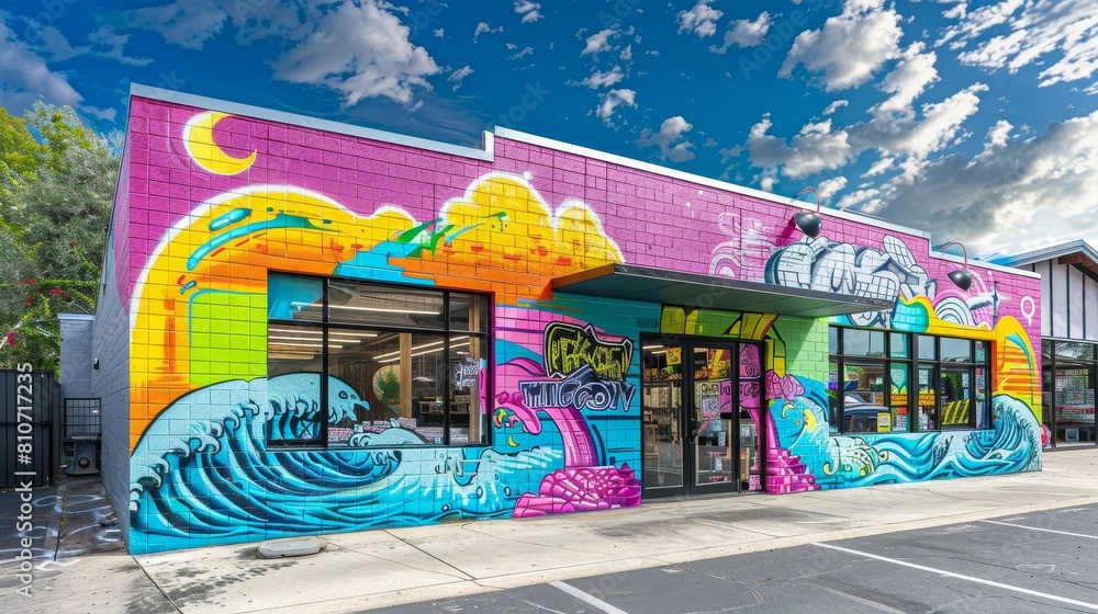Graffiti Art of a vibrant, streetart inspired skate shop facade, with ...