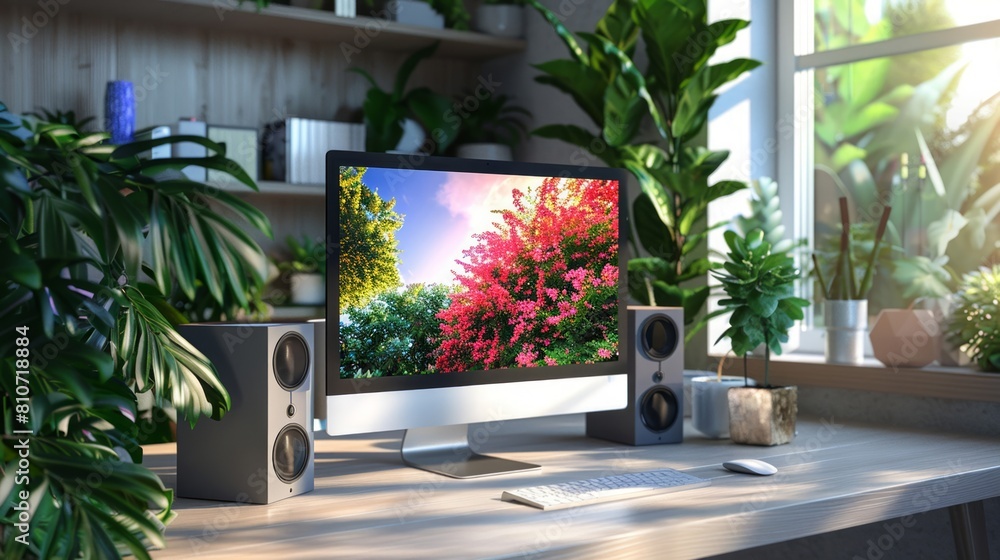 Modern home office setup with panoramic nature screensavers and plants ...