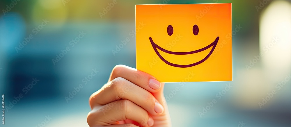 Happy smile face card being held in hand conveying the concept of ...