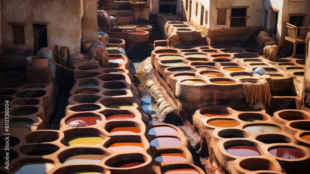 Traditional tannery. Many stone vats filled with colorful dye to ...
