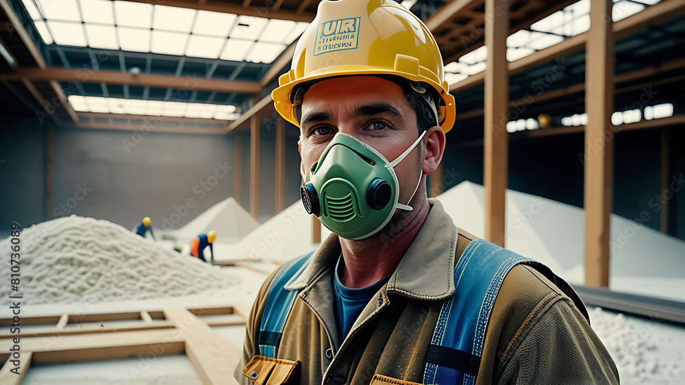 Professional construction worker wearing a high-grade dust mask ...