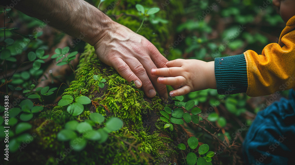 Father and son hands touching tree trunk covered with green moss in the ...