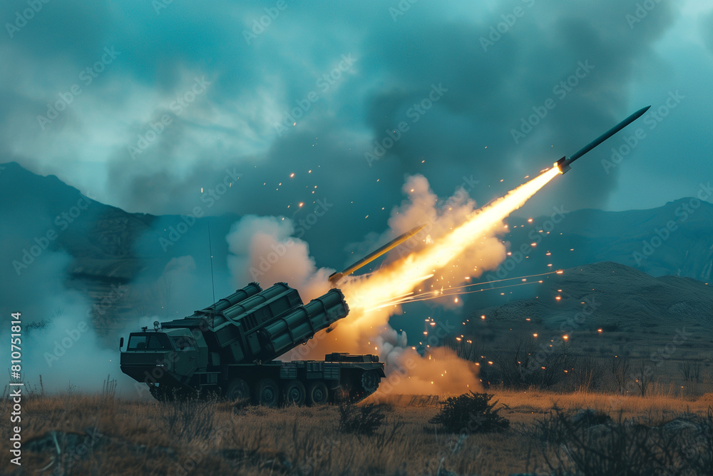 A military tank with a rocket launcher on top is shooting a rocket into ...