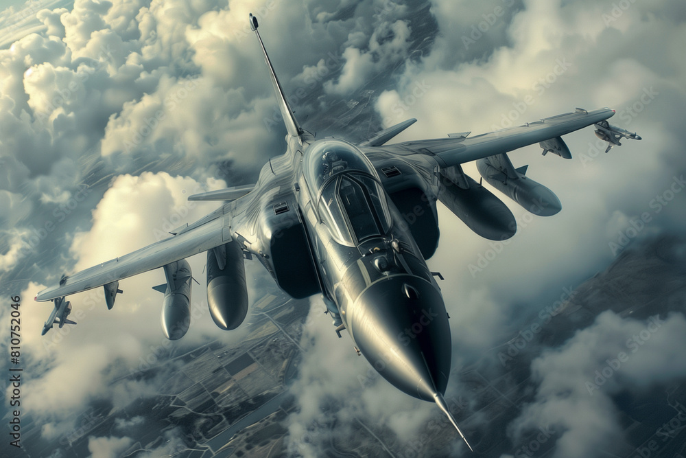 A fighter jet is flying through the sky with clouds in the background ...