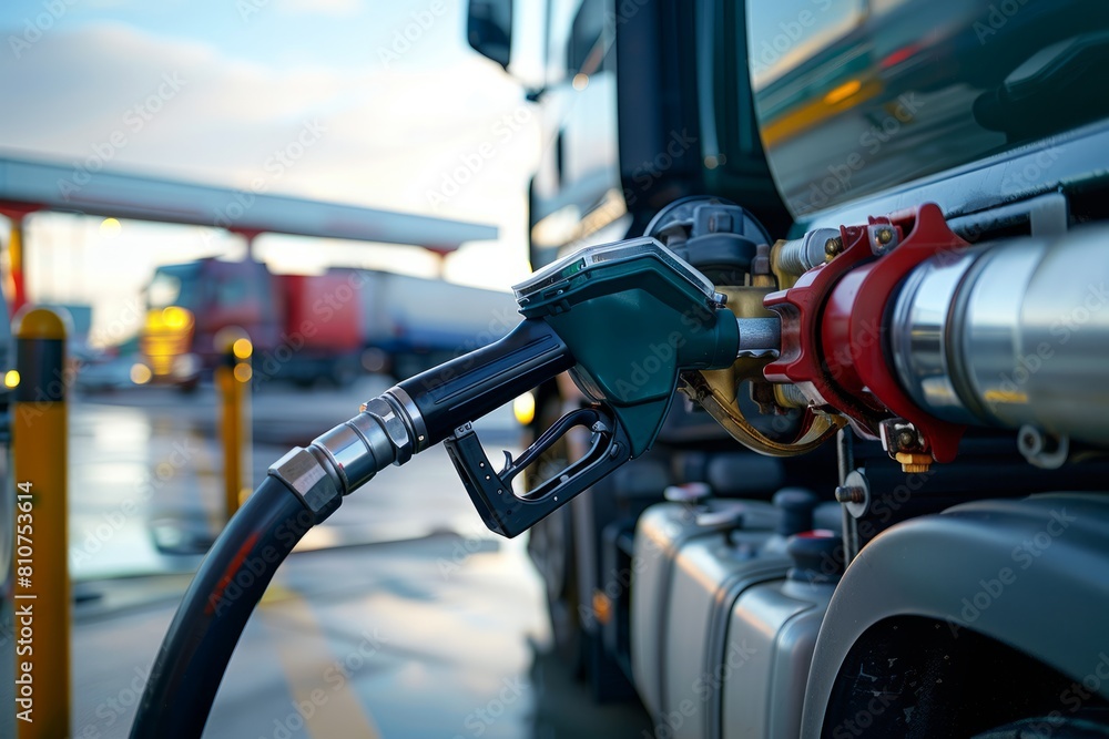 A close-up view of a modern semi trucks fuel tank being filled with ...