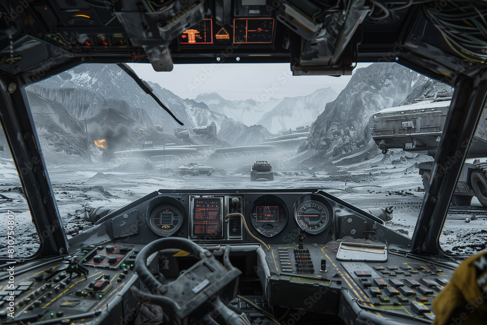 A military vehicle cockpit with a person inside. The cockpit is filled ...