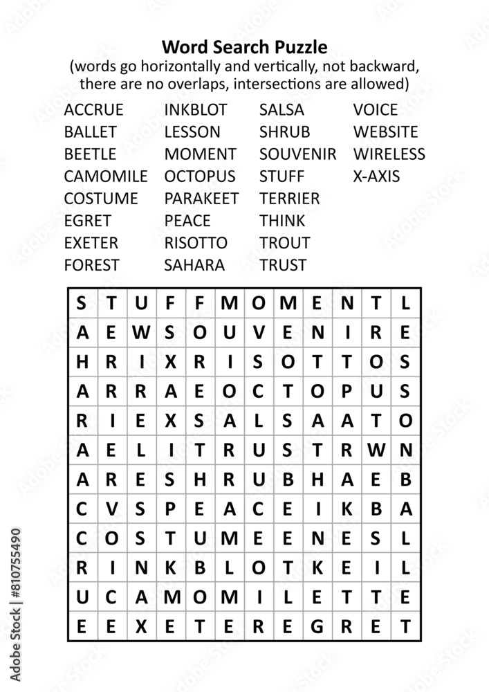 Word search puzzle (general knowledge, family friendly, words ACCRUE ...