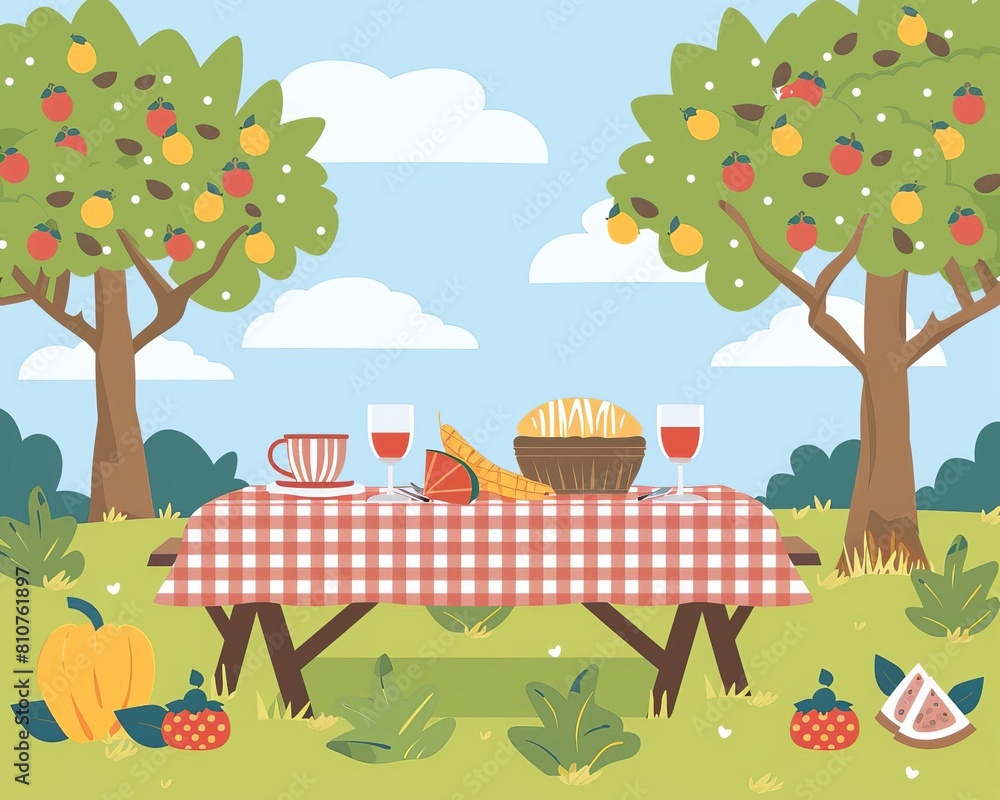 Checkered pattern picnic setup flat design side view outdoor dining ...
