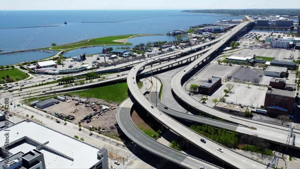Downtown Milwaukee Marquette Interchange; Static Aerial Birds Eye View ...