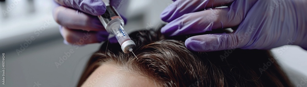 Cosmetologist performing plasma injections into the scalp of a woman ...