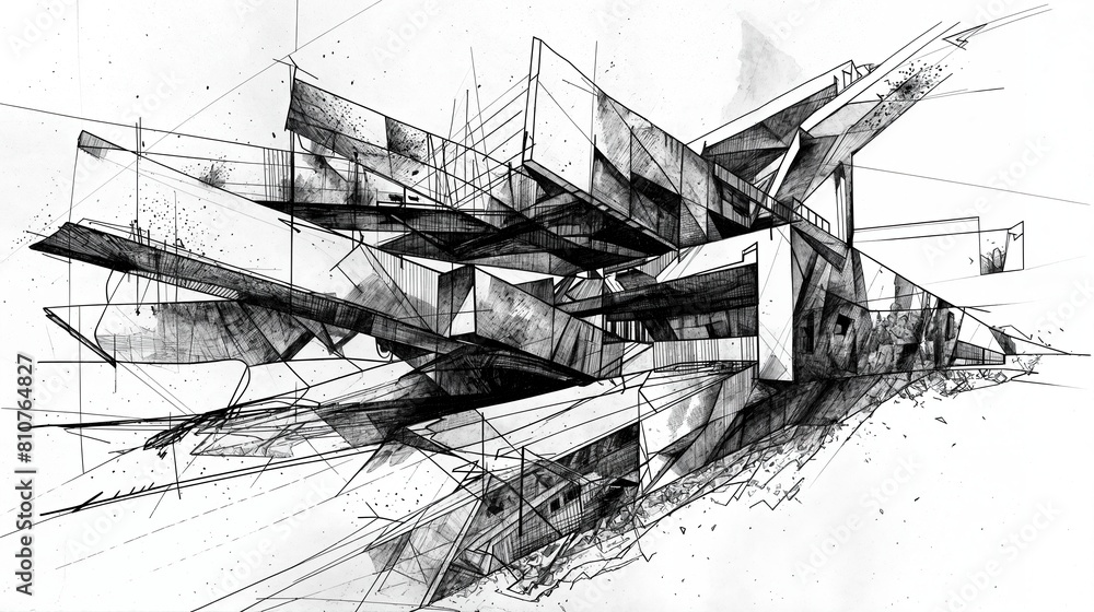 Complex architectural ink drawing of a modern building. Stock ...