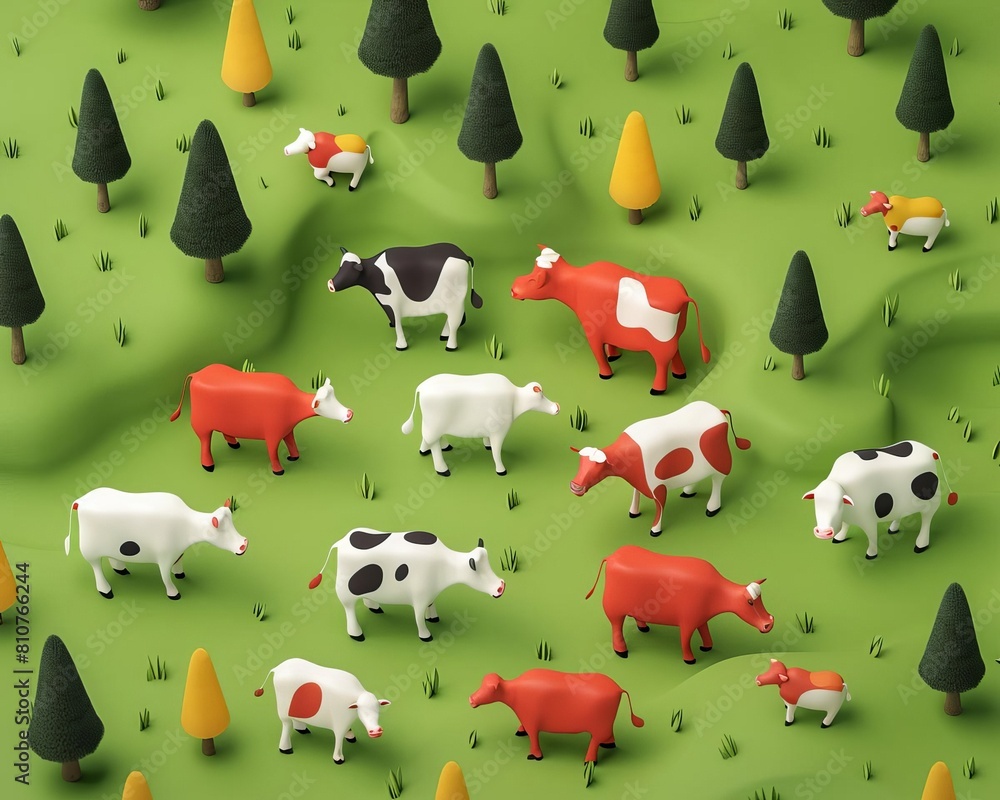 Cattle grazing flat design top view beef production theme 3D render ...