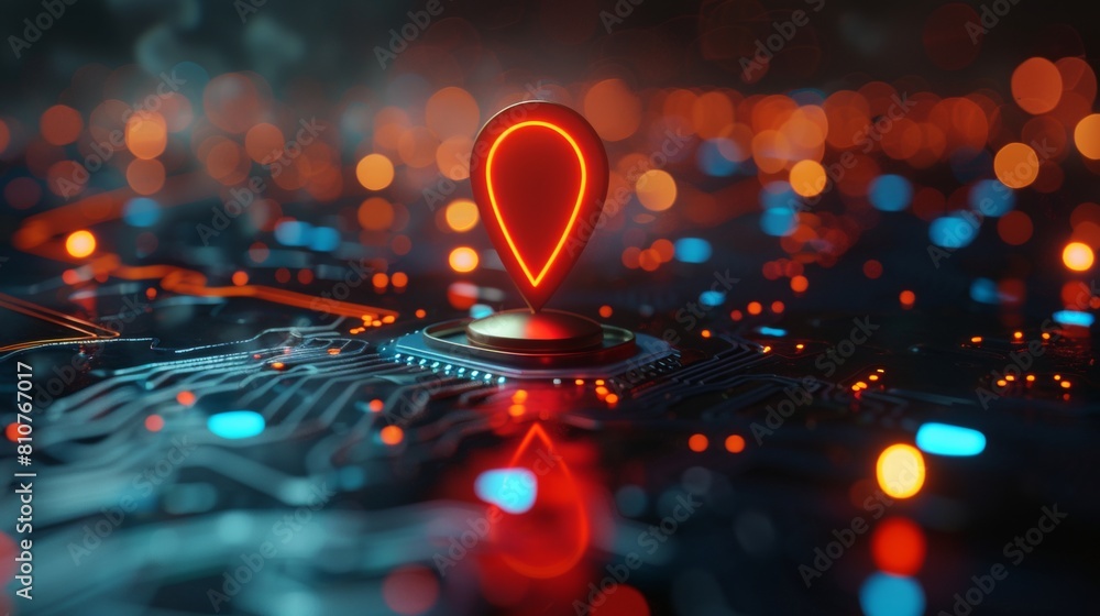 A red location pin icon sits atop an illuminated map, with blue and ...