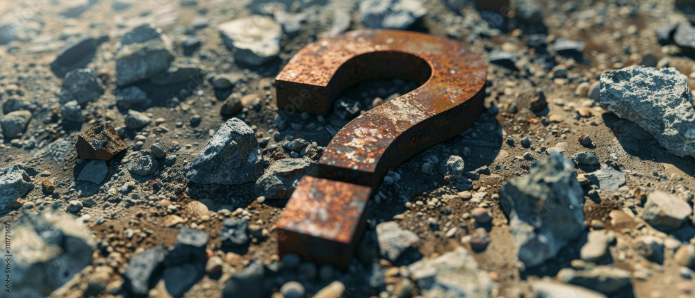 Rusty question mark symbol on a barren ground, encapsulating mystery ...