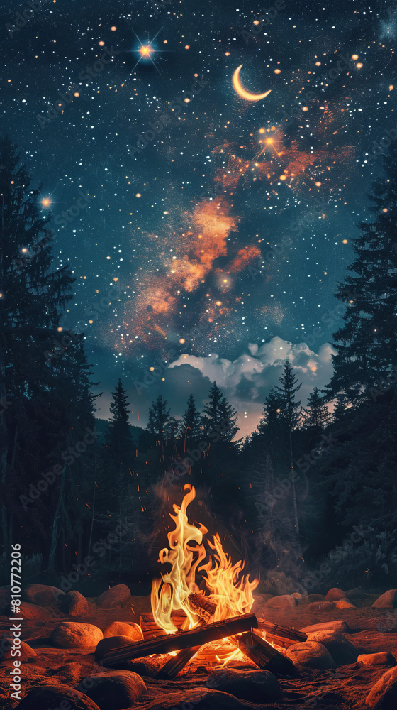Illustration of a closeup campfire camping nighttime scene under an ...