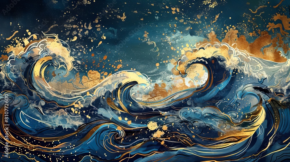 Unique art painting of magical fairytale ocean waves, with blue and ...