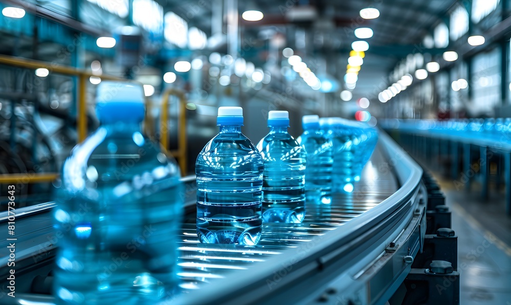 a bustling bottling plant with rows of plastic bottles moving along ...