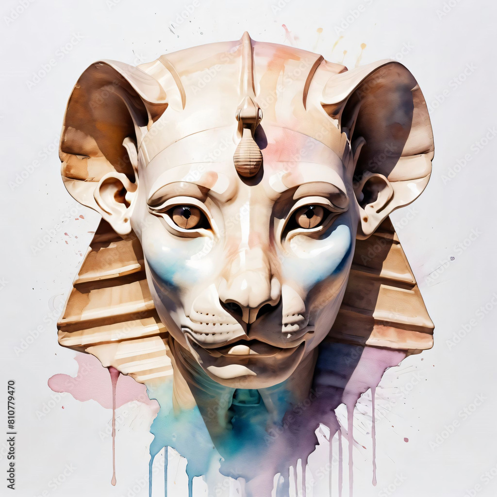 Watercolor drawing of an Egyptian sphinx on a white background in ...