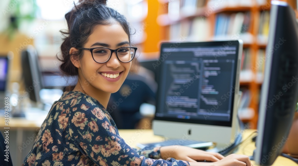 Young Indian woman using computer in library, smiling for photo ...
